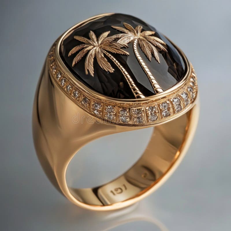 Gold Ring with Palm Tree Relief and Embedded Diamonds Stock Image ...