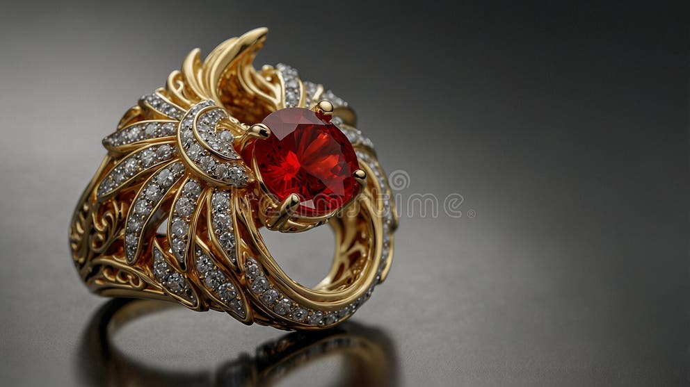 Luxurious Gold and Ruby Phoenix Ring with Diamonds Stock Illustration ...