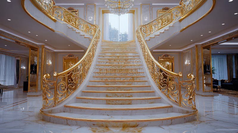 Luxurious Gold Staircase in Grand Mansion Hallway Stock Photo - Image ...