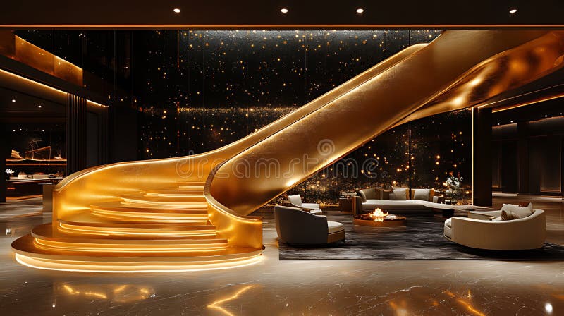 Luxurious Gold Staircase in Modern Interior with Lounge Area and ...