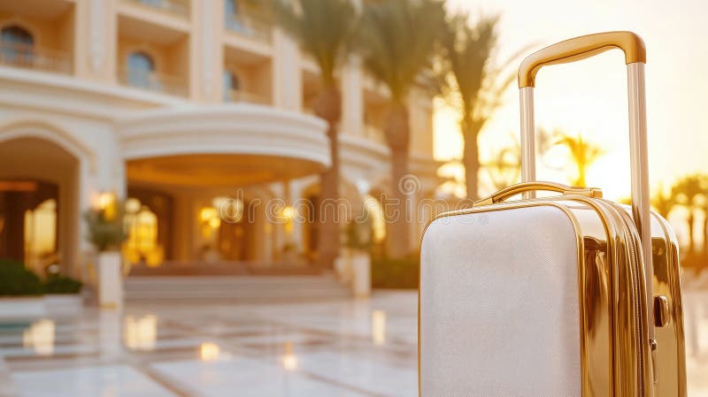 Luxurious Gold Suitcase in Front of Elegant Hotel at Sunset Stock Image ...