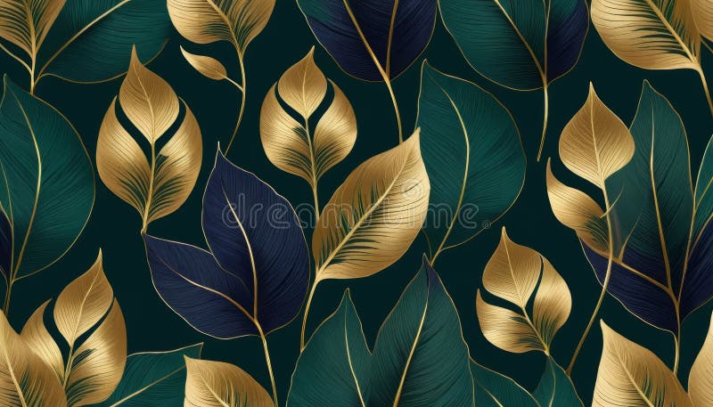 Luxurious Gold and Teal Leaves Seamless Pattern, Elegant Tropical ...