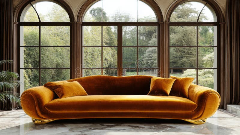 A Luxurious Gold Velvet Sofa in a Room with Arched Windows Stock ...