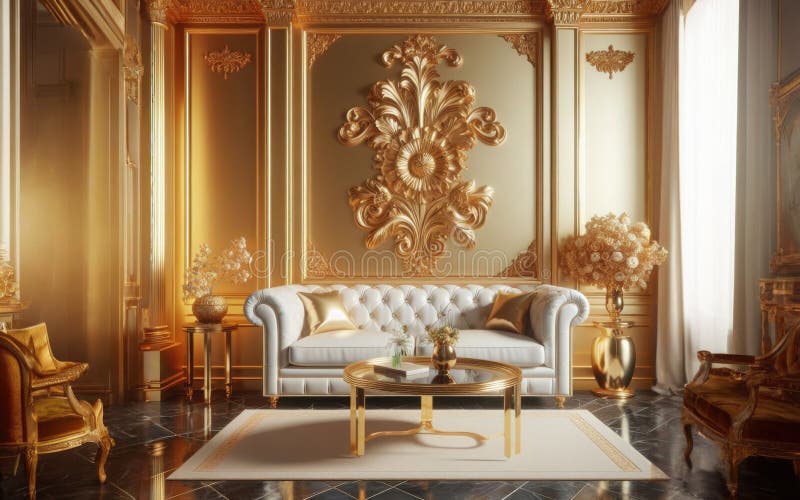 Luxurious Gold Vintage Interior with an Aristocratic Baroque Sofa. Gold ...