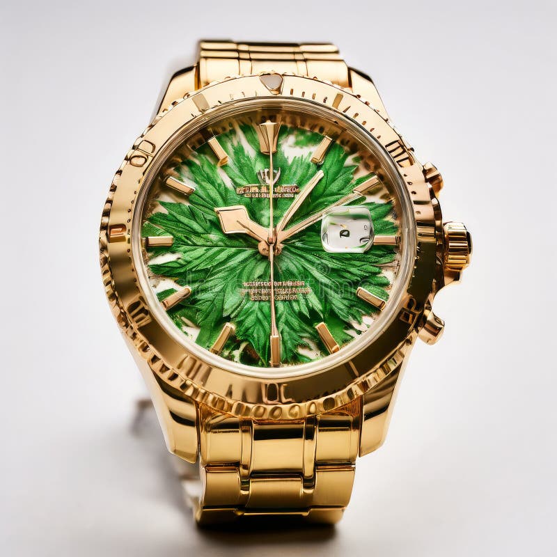 Luxurious Gold Watch with a Green Intricate Leaf-patterned Dial Stock Photo - Image of ornate ...