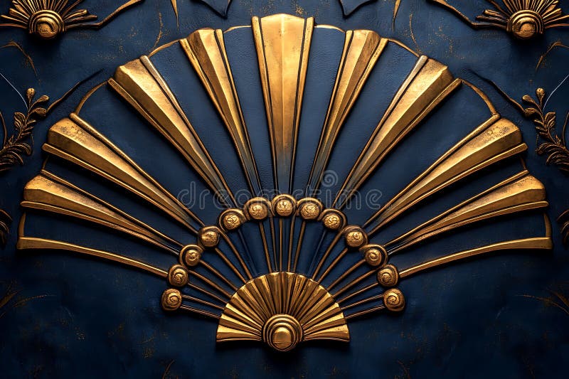 Luxurious Golden Art Deco Fan Pattern on a Deep Blue Textured ...