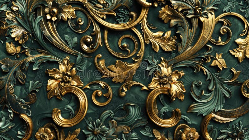 Luxurious Golden Baroque Patterns on a Teal Background Stock ...