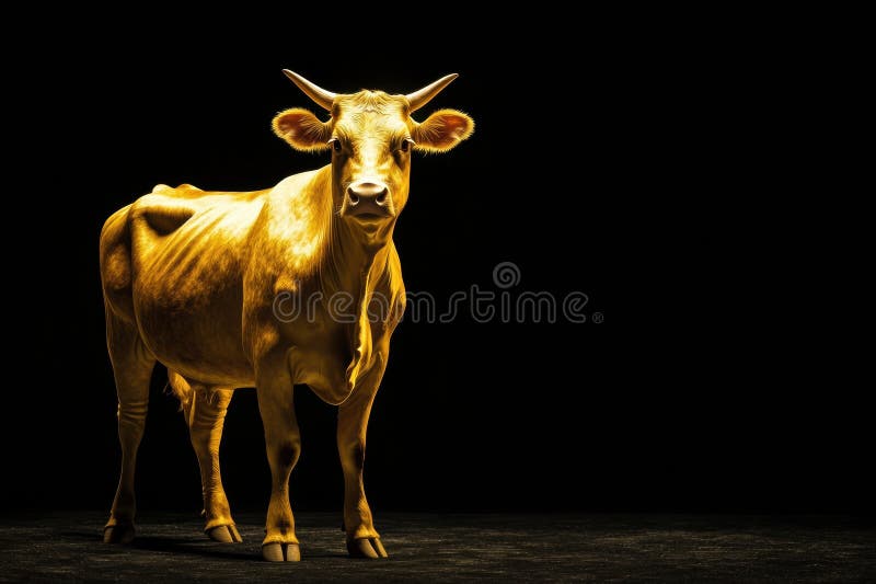 Luxurious Golden Cow Standing Elegantly Against a Deep Black Background ...