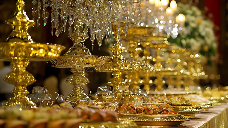 Luxurious Golden Dessert Buffet with Crystal Candle Holders Stock ...