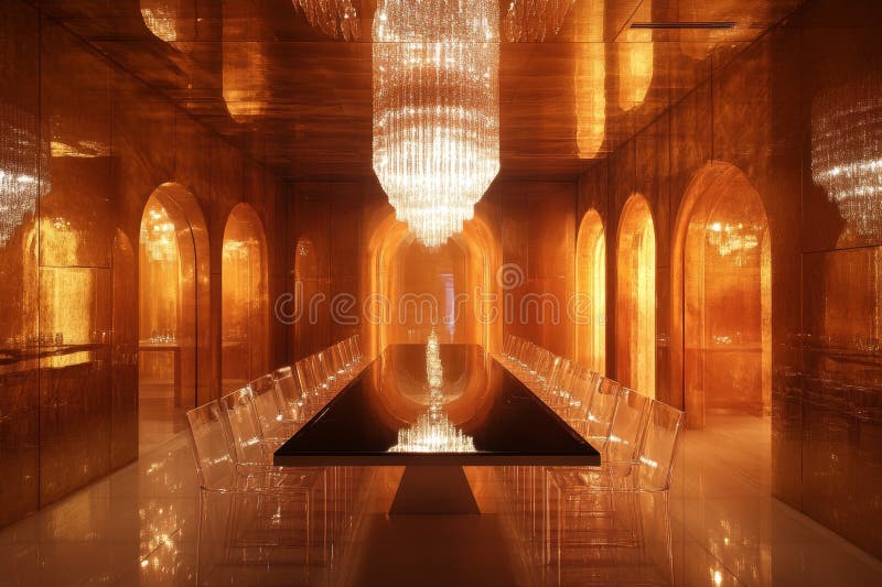 Luxurious Golden Dining Hall with Elegant Chandelier and Modern ...