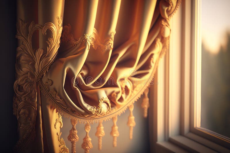 Luxurious Golden Empire Style Curtains on the Windows. Stock ...