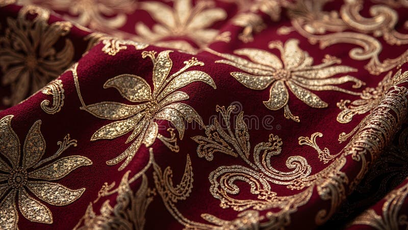 Luxurious Golden Floral Brocade on Deep Maroon Fabric Stock ...