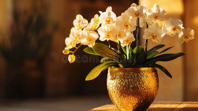 Luxurious Golden Flower Pot with Exquisite Embossed Designs Stock ...