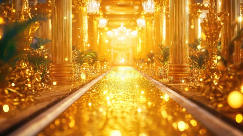 Luxurious Golden Hallway with Glittering Columns and Sparkling Lights ...