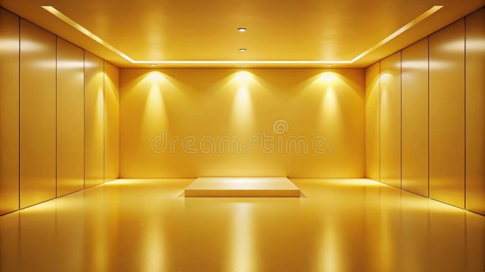 Luxurious Golden Room with Elevated Display Platform and Spotlights ...