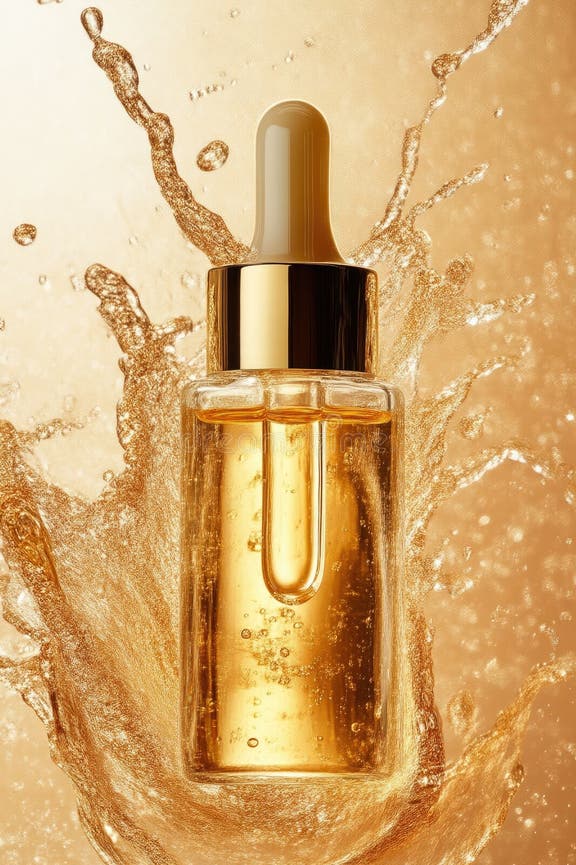 Luxurious Golden Serum with Light Reflections and Splash Effects. Stock ...