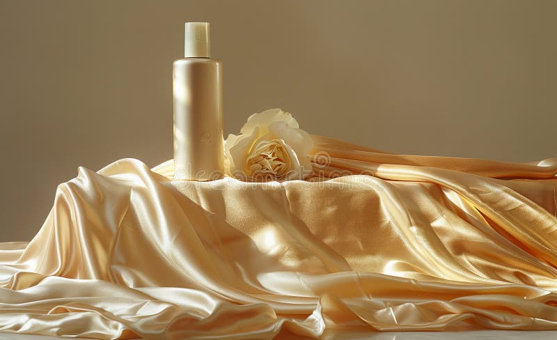 Luxurious Golden Silk Cloth Draped Over a Table with a White Bottle and ...