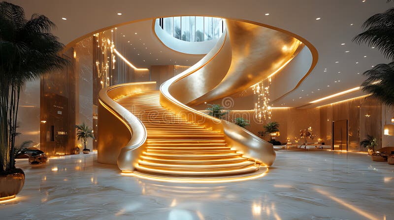 Luxurious Golden Spiral Staircase in a Modern Hotel Lobby Stock ...