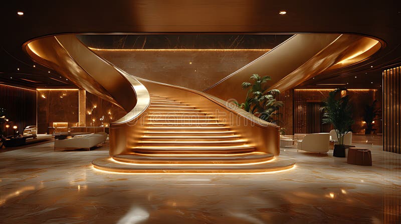 Luxurious Golden Spiral Staircase in a Modern Lobby Stock Illustration ...
