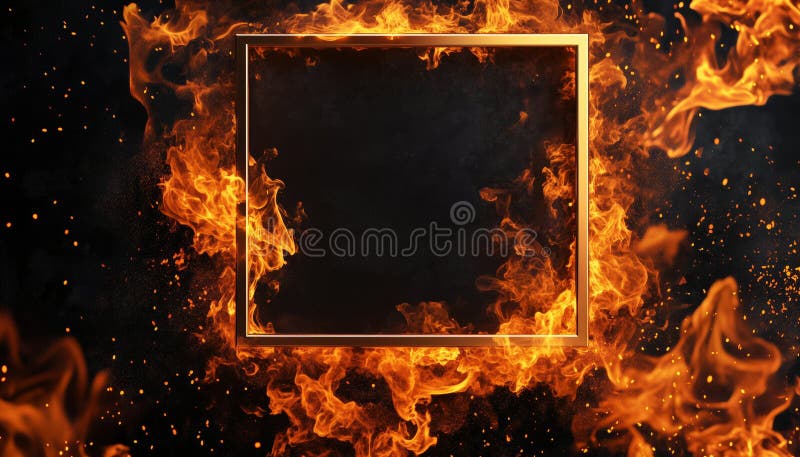 Luxurious Golden Square Frame with Intense Fire Effects and Flame ...