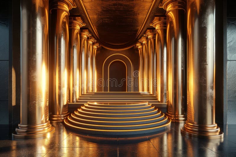Luxurious Golden Stage with Pillars, Empty 3D Podium in Elegant ...