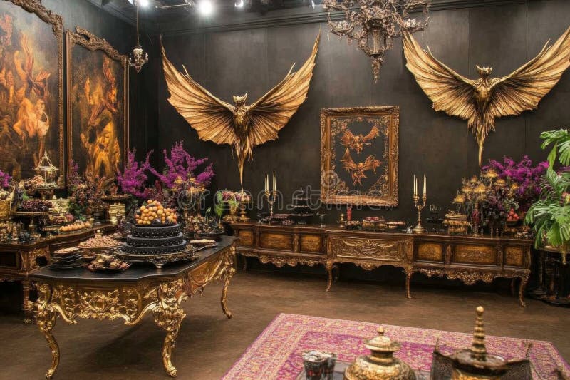 Gothic Black Cake Display in an Elaborately Decorated Halloween Setting ...