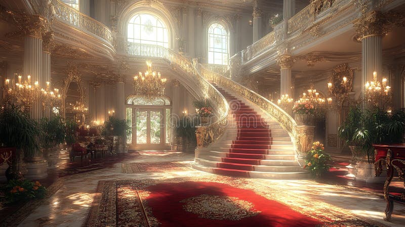 Luxurious Grand Hall with Ornate Staircase Stock Illustration ...
