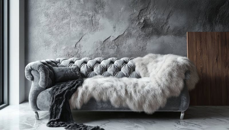 Elegant Gray Chesterfield Sofa Adorned with a Fur Throw in a Modern ...