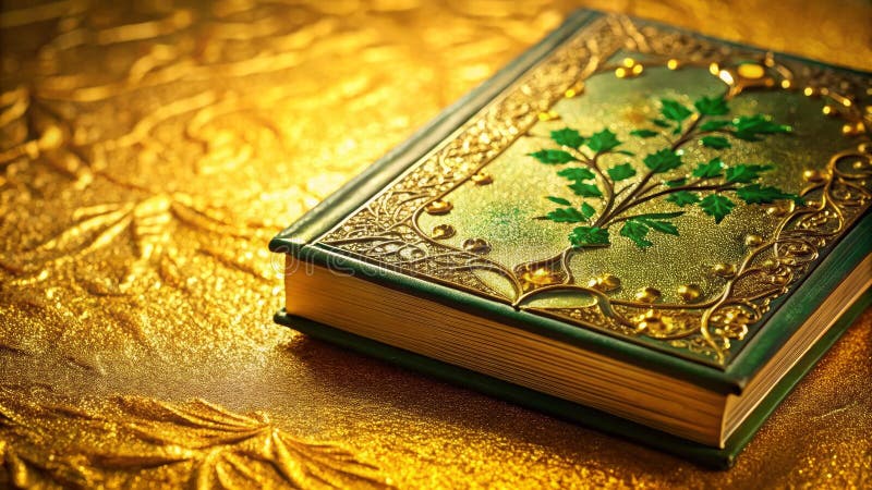 Luxurious Green and Gold Book Resting on a Sparkling Surface ...