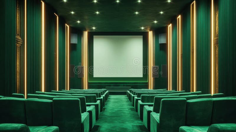 Luxurious Green Theater Auditorium with Rows of Plush Seats and Ambient Lighting Stock Photo ...