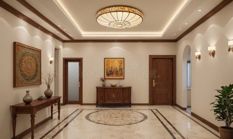 Luxurious Hallway Features High Ceiling with Circular Light Fixture ...