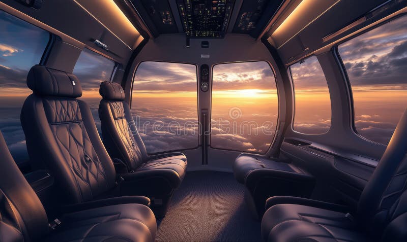 Luxurious Helicopter Interior with Panoramic Sunset View Over Clouds ...