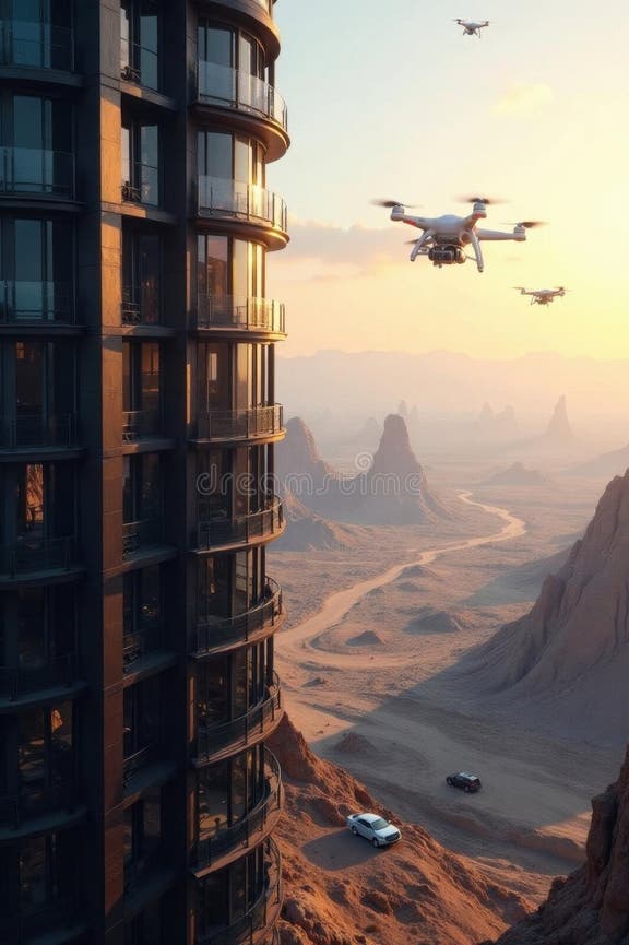 Luxurious High Rise Overlooking Desolate Wasteland, Security Drones ...