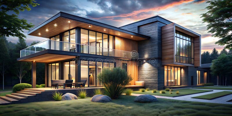 Luxurious High-Tech Home with Large Windows and a Scenic Green Lawn ...