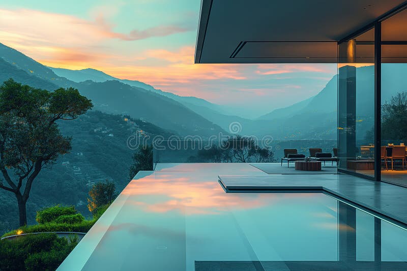 Modern Infinity Pool Overlooking a Mountain Valley at Sunset Stock ...