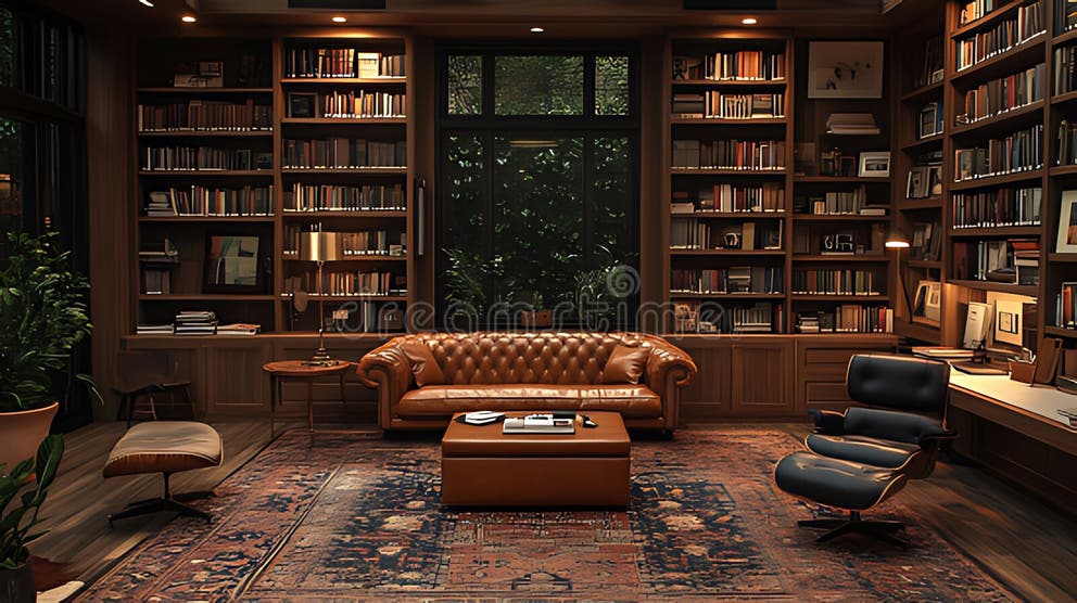 Luxurious Home Library, Leather Couch, Reading, Night, Study Stock ...