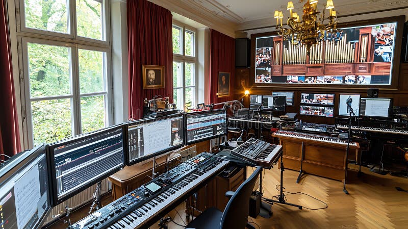 Luxurious Home Music Studio with Large Screens, Keyboards, and Organ ...