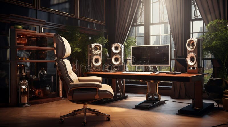 A Luxurious Home Office Setup with a Sleek Mahogany Desk. Stock ...