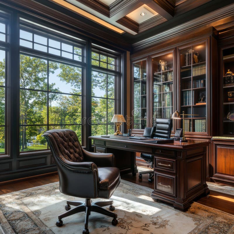 Luxurious Home Office with a View of Trees through Large Windows Stock ...