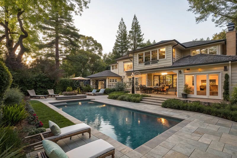 Luxurious Home with Pool and Landscaped Backyard at Sunset Stock Photo ...