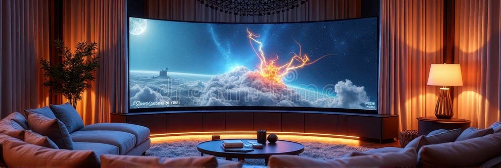 Luxurious Home Theater with Curved Screen Displaying Cosmic Scene Stock ...