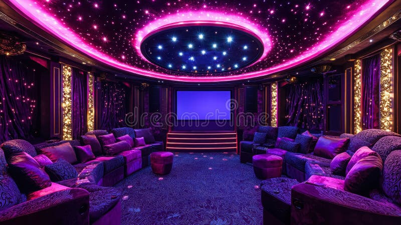 Luxurious Home Theater Room with Purple Lighting and Starry Ceiling ...