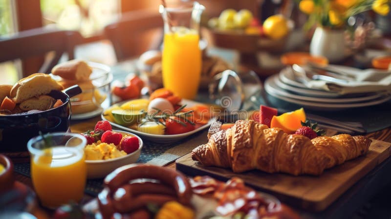 Luxurious Hotel Breakfast Buffet Featuring Fresh Pastries, Eggs, Fruits ...