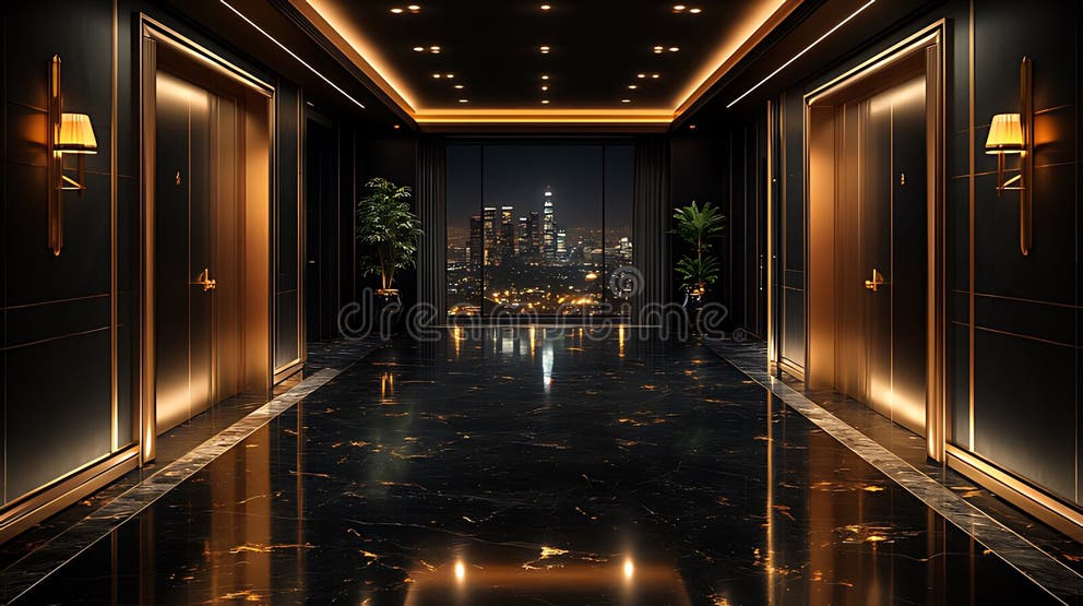 Luxurious Hotel Elevator Hallway with City View at Night Stock ...