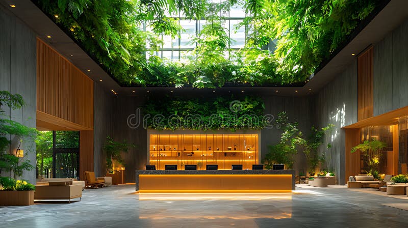 Luxurious Hotel Lobby Atrium, Green Plants, Sunlight, Reception Desk ...