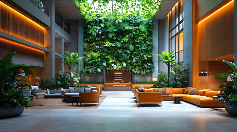 Luxurious Hotel Lobby Atrium Green Wall, Lounge Seating Stock ...