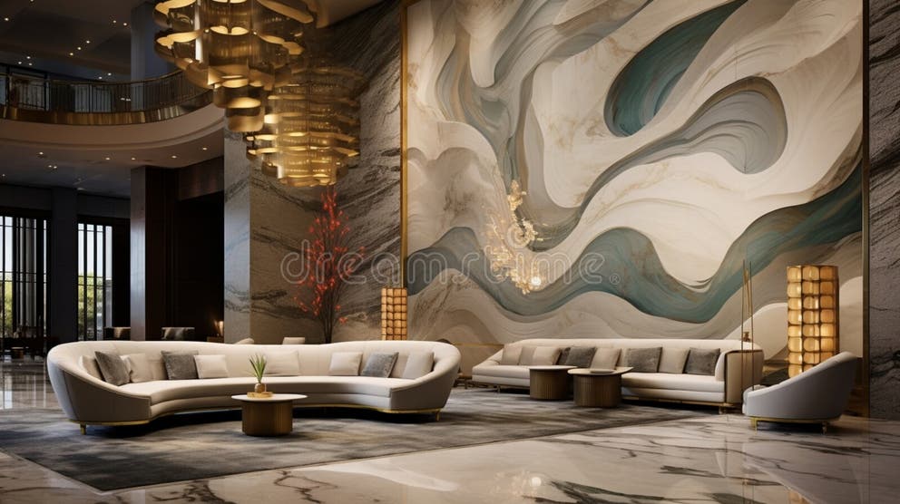 A Luxurious Hotel Lobby with a 3D Marble Swirl Pattern Wall, Stock ...