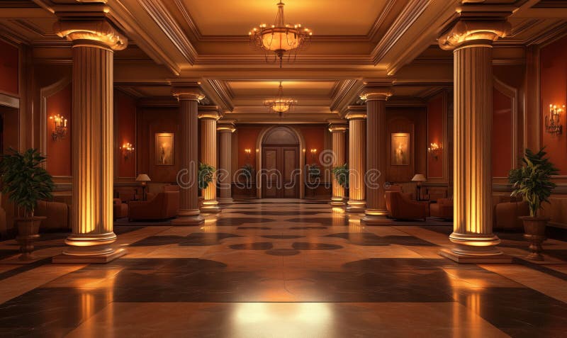 Luxurious Hotel Lobby Elegant Columns Warm Lighting Sophisticated Decor ...