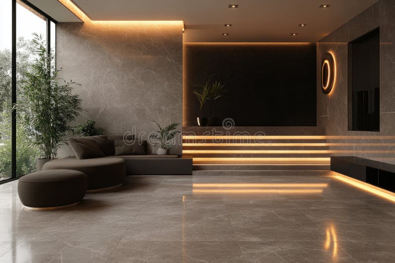 Luxurious Hotel Lobby Featuring a Marble Reception Desk, Comfortable ...