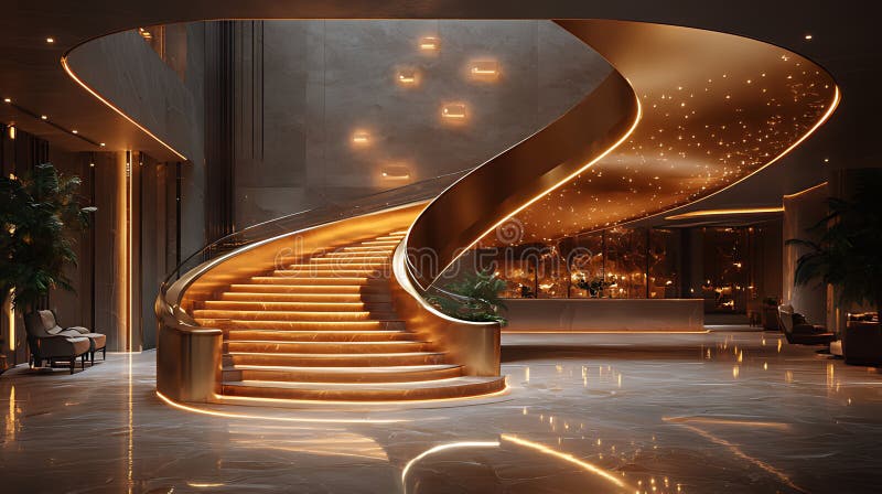 Luxurious Hotel Lobby with a Grand, Illuminated Spiral Staircase Stock ...
